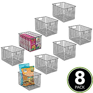 mDesign Metal Wire Food Storage Basket Organizer with Handles for Organizing Kitchen Cabinets, Pantry Shelf, Bathroom, Laundry Room, Closets, Garage - Concerto Collection - 8 Pack - Graphite Gray