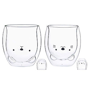 Sharemee Cute Mugs Double Wall Insulated Glass Espresso Cup Coffee Cup, Tea Cup, Milk Cup, Gigt for Personal Birthday and Office 250ml/8.4oz (Cute Mugs Bear+cat)