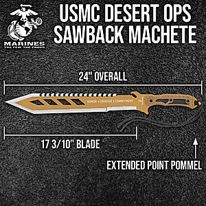 USMC Desert OPS Sawback Machete with Shoulder Strap Sheath - Officially Licensed By United States Marine Corps, Stainless Steel Blade, Non-Reflective Finish, ABS Handle - For Outdoors Job - Length 24"