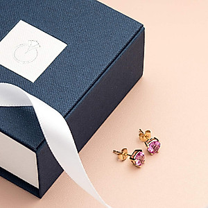 Peora 14K Yellow Gold Created Pink Sapphire Heart Stud Earrings for Women, Hypoallergenic Solitaire Studs, 6mm, 2.25 Carats total, Friction Back
