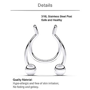 SCERRING Fake Septum Nose Hoop Rings Stainless Steel Faux Lip Ear Nose Septum Ring Non Piercing Clip On Nose Hoop Rings Body Piercing Jewelry Clear CZ 15PCS Silver