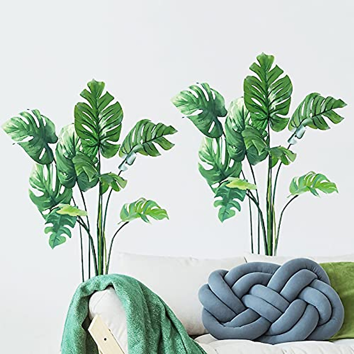 Monstera Leaf Wall Decals 2 PCS Palm Leaves Wall Stickers for Living Room, Green Tropical Plants Wall Decor Posters Vibrant Jungle Leaves Wallpaper for Bedroom Nursery