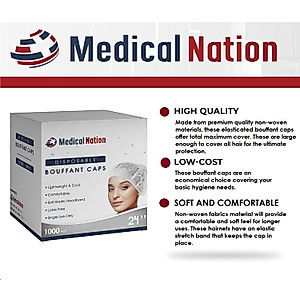 Medical Nation 21" Disposable Bouffant Caps |CASE OF 1000, WHITE| Hairnets, Non-Woven, Non-Pleated Head Hair Covers |For Medical, Labs, Nurse, Tattoo, Food Service, Hospital, Cooking - Size 21" White