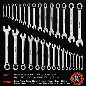 BULLTOOLS 32-Piece Combination Wrench Set, SAE and Metric 1/4"-1" & 7mm-22mm Wrenches Chrome Vanadium Steel Box End and Open End Standard Wrench Set with Case