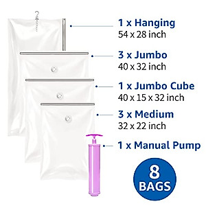 Vacuum Storage Bags Combo 8 Pack, Vacuum Sealed Bags for Bedding and Clothes, Hanging and Cube Vacuum Sealer Bags for Bedroom Closet Storage, Large and Small Travel Compression Bags