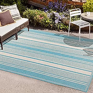 JONATHAN Y SMB202A-4 Haynes Modern Double Stripe Indoor Outdoor Farmhouse Transitional Area Rug,High Traffic,Kitchen,Living Room,Backyard,Non Shedding,4 X 6,Aqua/Beige