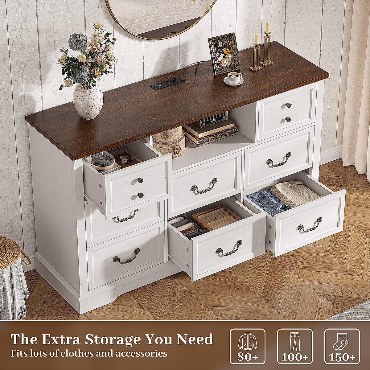 EnHomee 8 Drawers Dresser with Power Outlets and LED Lights, 55 Inch Wide Rustic Wood Dressers & Chest of Drawers for Bedroom, Hallway, Closet, White, 55" W x 34.5" H x 15.7" D