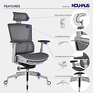 Nouhaus Rewind Ergonomic Office Chair with Footrest and Lumbar Support. Swivel Computer Chair, Rolling Home Office Desk Chairs with Wheels, Mesh High Back Task Chair, Comfortable Office Chair (Grey)