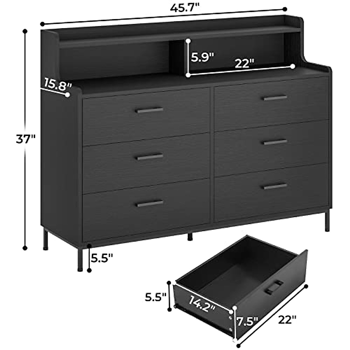 Hasuit 6 Drawers Double Dresser with Shelves, Large Wooden Storage Tower Organizer, Wide Chest of Drawers, Black Dresser for Bedroom, Living Room, Entryway