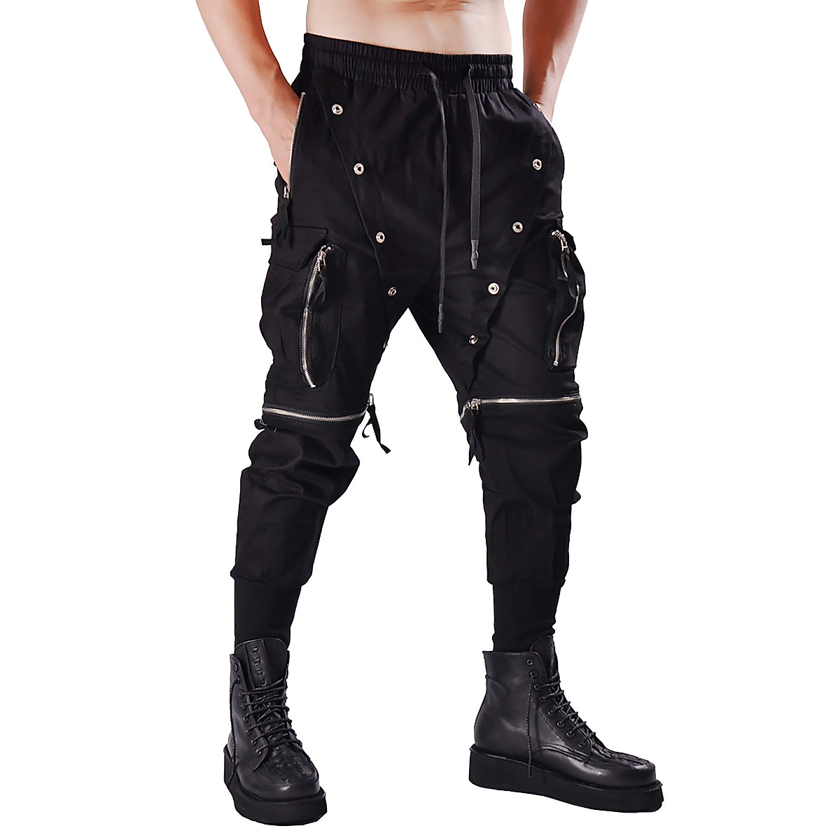 MOKEWEN Men's Women Rivet Zipper Decorate Pockets Cargo Jogger Active Pants 32-33