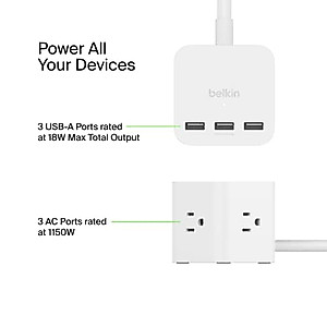Belkin 6-Outlet Power Cube w/ 3 AC Outlets, 3 USB-A Ports, & 5ft Sturdy Extension Cord - Convenient Compact Cube for Home, Office, Travel, Desktop, & Phone Charger - 4.5 Amps