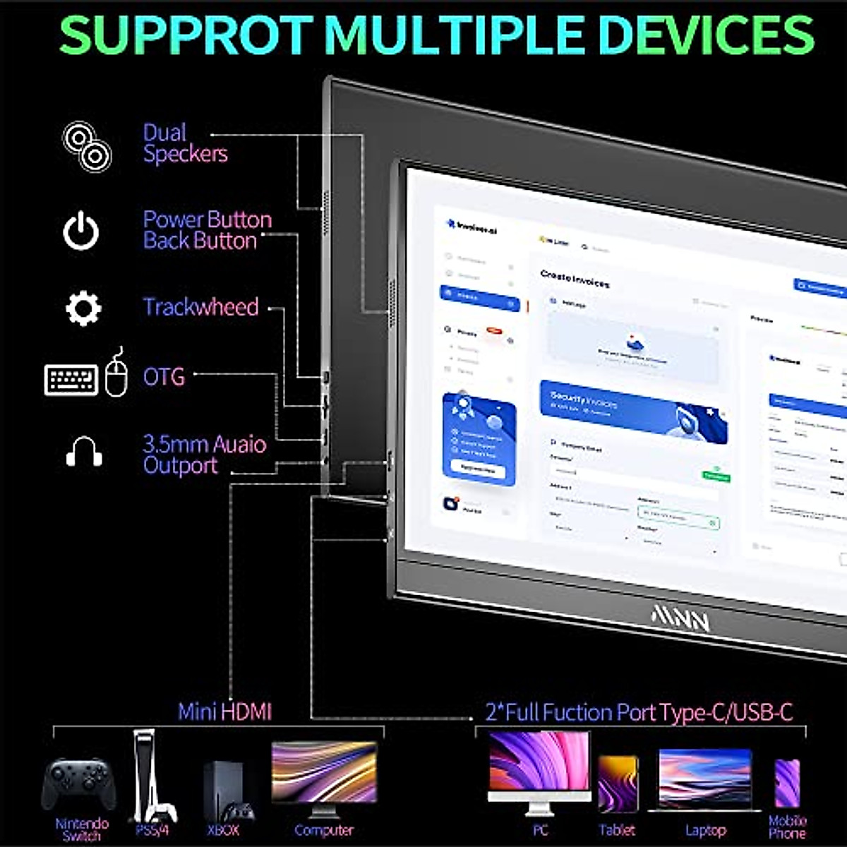 MNN Portable Monitor 15.6inch FHD 1080P Laptop Monitor USB C HDMI Gaming Ultra-Slim IPS Display w/Smart Cover & Speakers,HDR Plug&Play, External Monitor for Laptop PC Phone Mac Xbox PS5/PS4 Switch