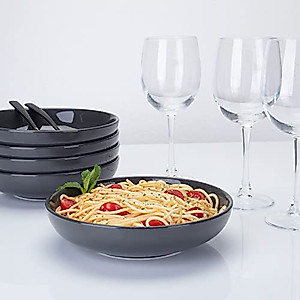 GlowSol Elegant Grey 8" Large Salad Serving Bowls, Ceramic Plates, Soup Bowls, Porcelain Pasta Bowls Set of 6, Microwave Dishwasher Safe, Wide and Flat Bowls
