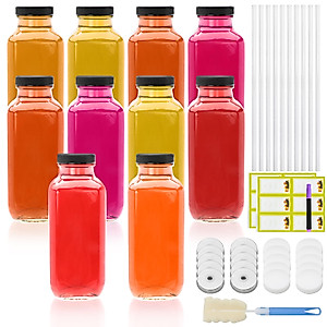 Encheng Glass Juice Bottles with Lids 16oz,Sqaure Juicing Bottles Reusable Glass Drinking Jars Set of 10,Empty 500ml Juice Containers Glass Bottles for Juice,Smoothies,Water,Kombucha