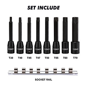 CASOMAN 8 Piece 3/8” Drive Extra Long Torx Star Bit Socket Set, T30-T70, S2 Steel, 3.5-inch Length Torx Bit in 3/8-inch Dr.