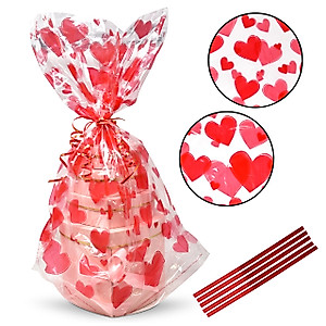 18 Valentine Cellophane Basket Bags with Twist Ties 22" x 25" Jumbo Large Valentines Day Red Heart Gift Wrap Clear Cello Plastic Bag for Baskets