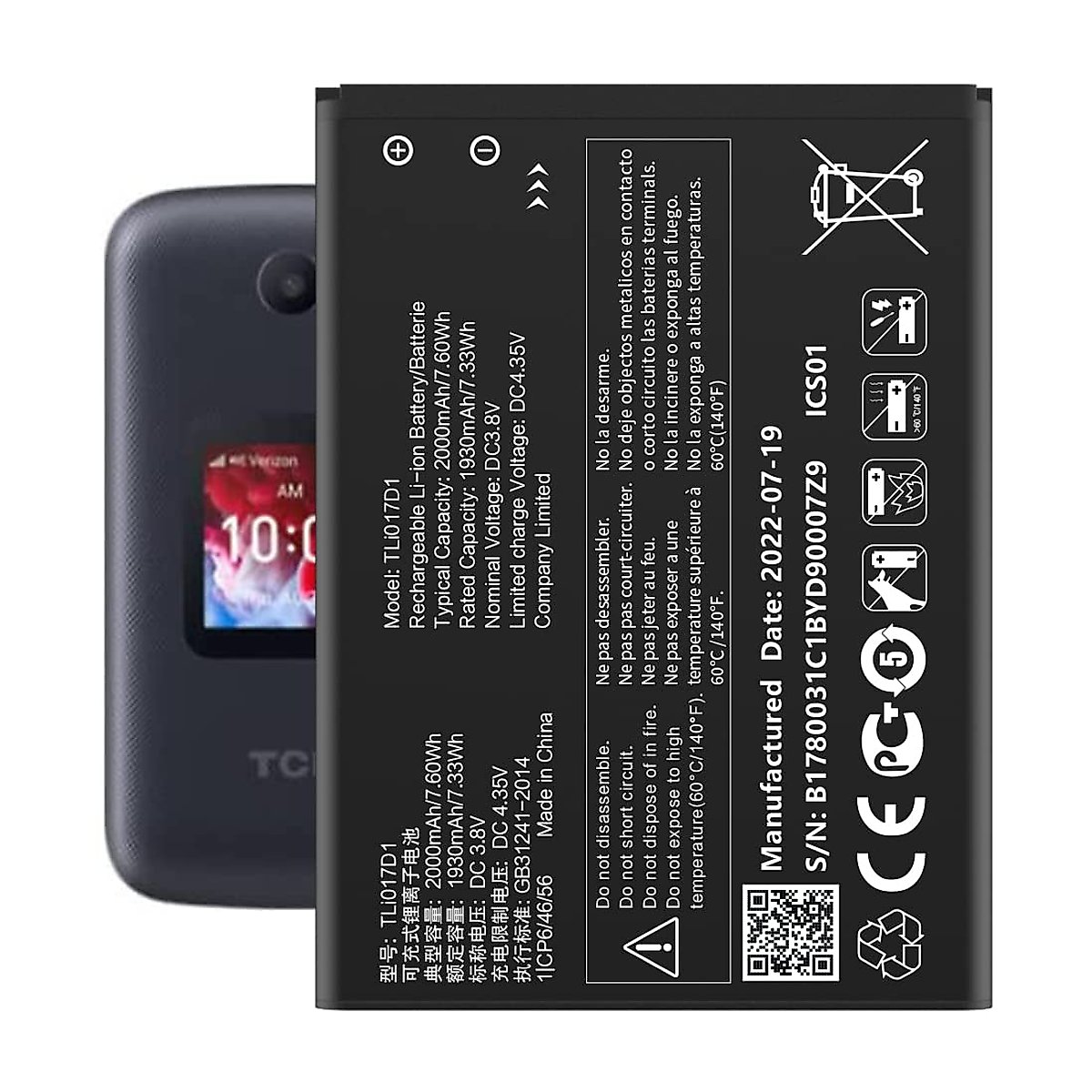 Soseieiu TLi017D1 Battery,(𝟮𝟬𝟮𝟰 𝗡𝗲𝘄 𝗨𝗽𝗴𝗿𝗮𝗱𝗲𝗱) Replacement Battery for TCL Flip Pro VZW-TCL-4056W/4056S Phone 2000mAh 3.85V/7.6Wh