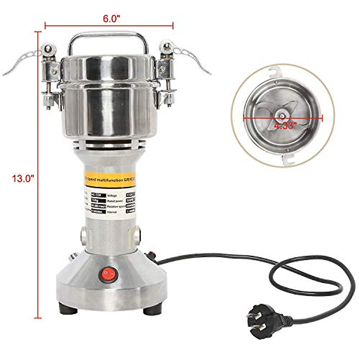 YaeMarine 150g Grain Mill Grinder High Speed Electric Stainless Steel Grinder Spice Herb Cereals Corn Flour Powder Machine (Capacity, 150g)