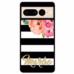 Golden Gold Personalized Flowers Black White Black Rubber Phone Case Compatible With Google Pixel 8 Pro, 8a, 8, 7a, 7, Pixel 7 Pro, 6a, Pixel 6 Pro, 6, 5, 4a 5G, 4a 4G, 4, 4 XL, 3a, 3a XL, 3