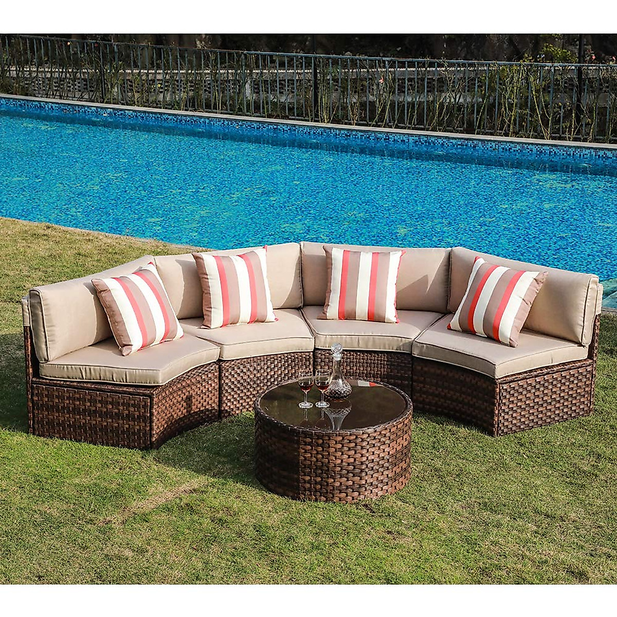 SUNSITT 5-Piece Half Moon Outdoor Sectional Sofa Set with Cover, Patio Brown PE Wicker Furniture with Beige Cushions & Tempered Glass Coffee Table