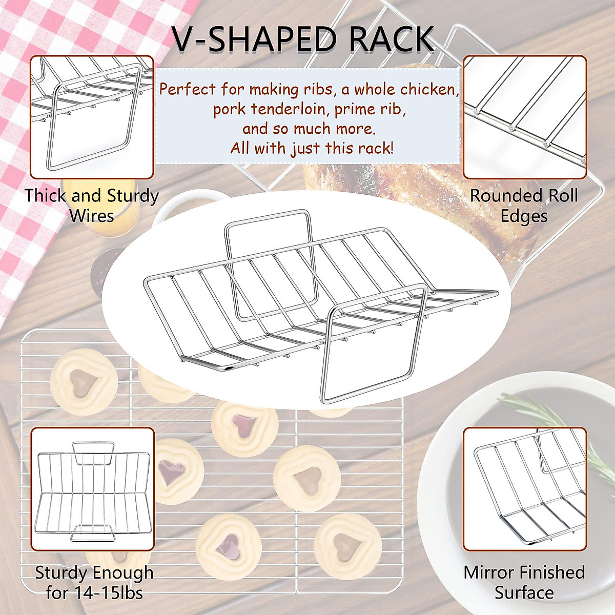 Roasting Pan with Rack Set of 3(Deep Broiling Pan & V-shaped Rack & Flat Cooling Rack), Herogo 14 Inch Stainless Steel Turkey Roaster Pan for Thanksgiving Christmas, Dishwasher Safe