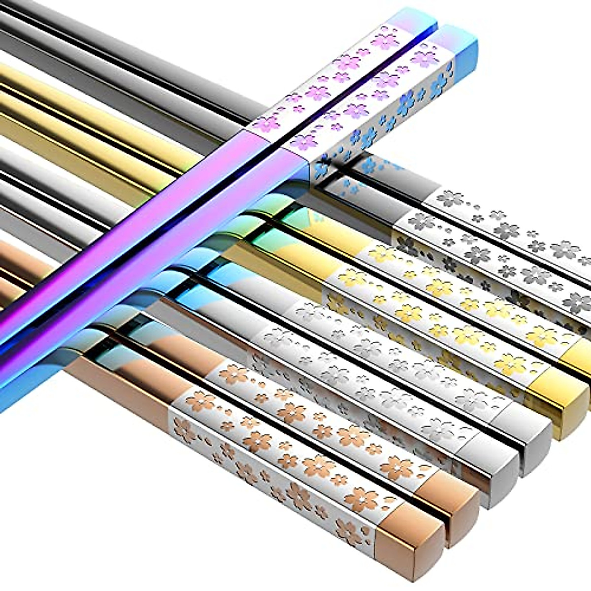 FOFAYU Metal Chopsticks Reusable 5 Pairs Multicolor Stainless Steel Chopsticks Dishwasher Safe Square Lightweight Non-Slip Chop Sticks Gift Set