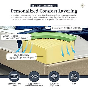 Aylas Furniture Twin Bed Mattress 12 Inch Twin Foam Mattress High Density Reflex Support Layer & Visco-Elastic Comfort Foam with Premium Polyester Cover Eco-Friendly Breathable Firm Twin Mattress