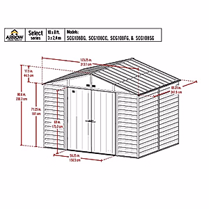 Arrow Select 10' x 8' Outdoor Lockable Steel Storage Shed Building, Charcoal