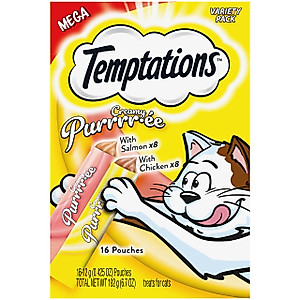 Temptations Creamy Puree with Chicken and Salmon Variety Pack of Lickable, Squeezable Cat Treats, 0.42 Oz Pouches, 16 Count
