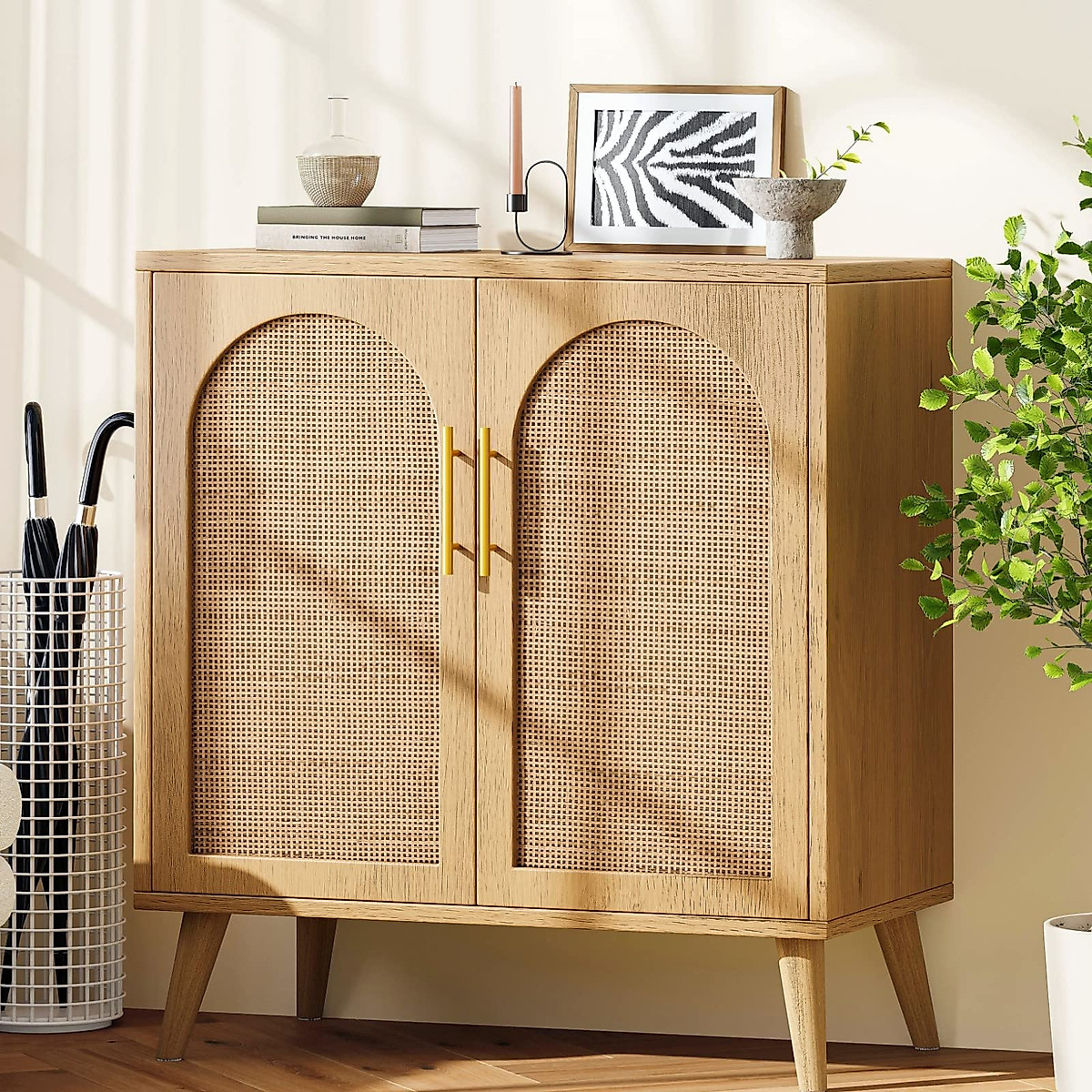 Rovaurx Rattan Storage Cabinet with Doors, Accent Bathroom Floor Cabinet, Modern Sideboard Buffet Cabinet for Living Room, Entryway, Dining Room and Kitchen, Natural BMGZ108M