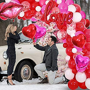 Valentines Day Balloon Garland Kit, 117PCS Red Hot Pink White Balloons with Heart Lips LOVE Foil Balloons for Valentines Day Proposal Engagement Wedding Party Decoration