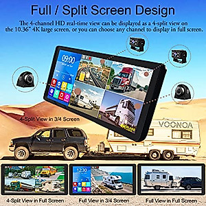 4K RV Backup Camera System 10.36" Quad Split Touch Screen Monitor with 4 1080P Rear Side View Camera, DVR Recording Bluetooth MP3 MP5 IP69 Waterproof Night Vision for RV Truck Semi Trailer Bus Tractor