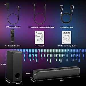 Wohome 2.1ch Small Sound Bars for TV with 6 Levels Voice Enhancement, Built-in Subwoofer, 16 Inches Bluetooth Soundbar Speakers with Optical/AUX/USB Connection, S100
