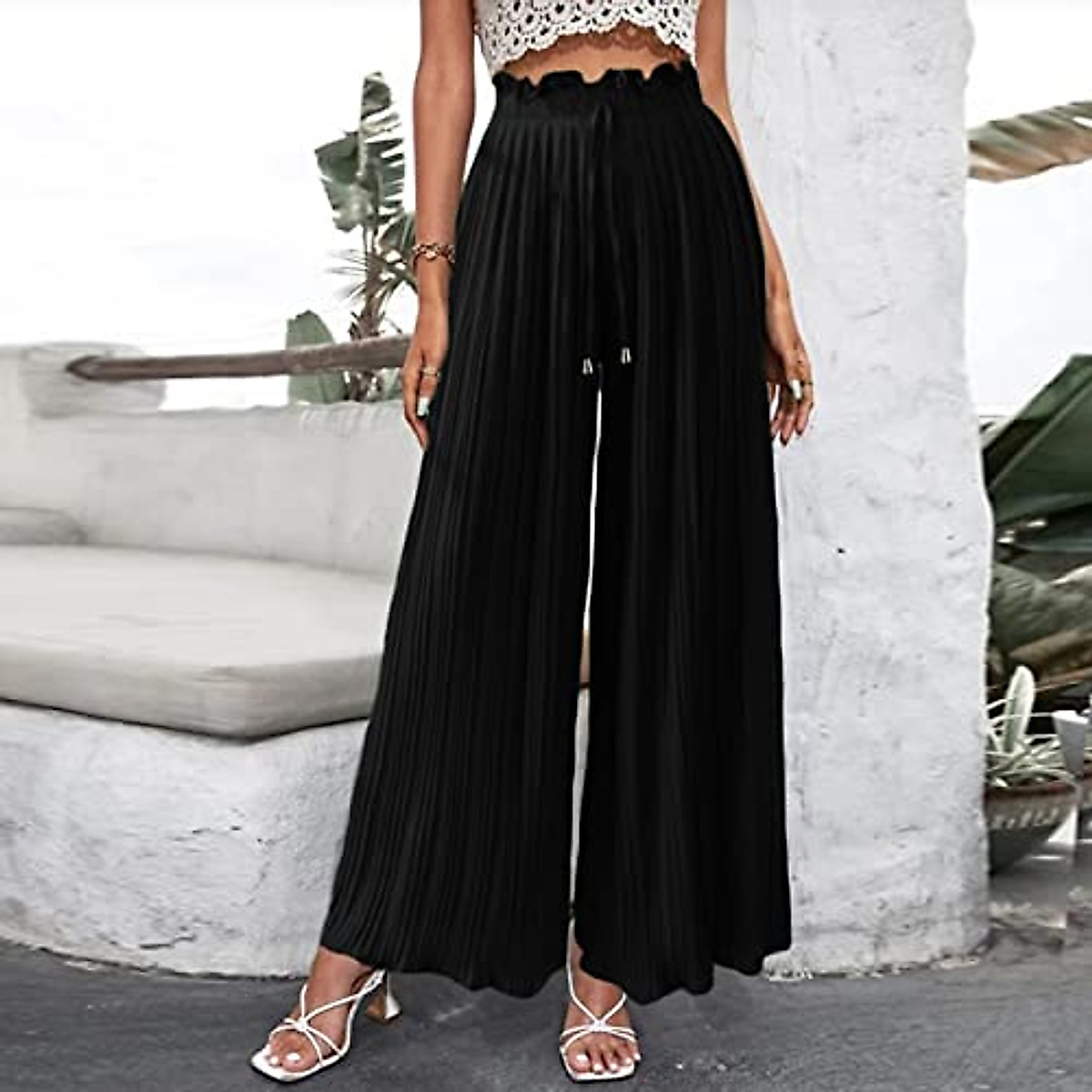Womens Wide Leg Palazzo Pants High Waisted Lounge Pant Smocked Pleated Loose Casual Pant Suits for Women (Black, XL) X-Large