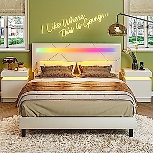 LIKIMIO Queen Bed Frame with LED Lights, Modern PU Leather Upholstered Platform Bed with Headboard, No Box Spring Needed/Noise-Free/Easy Assembly, White