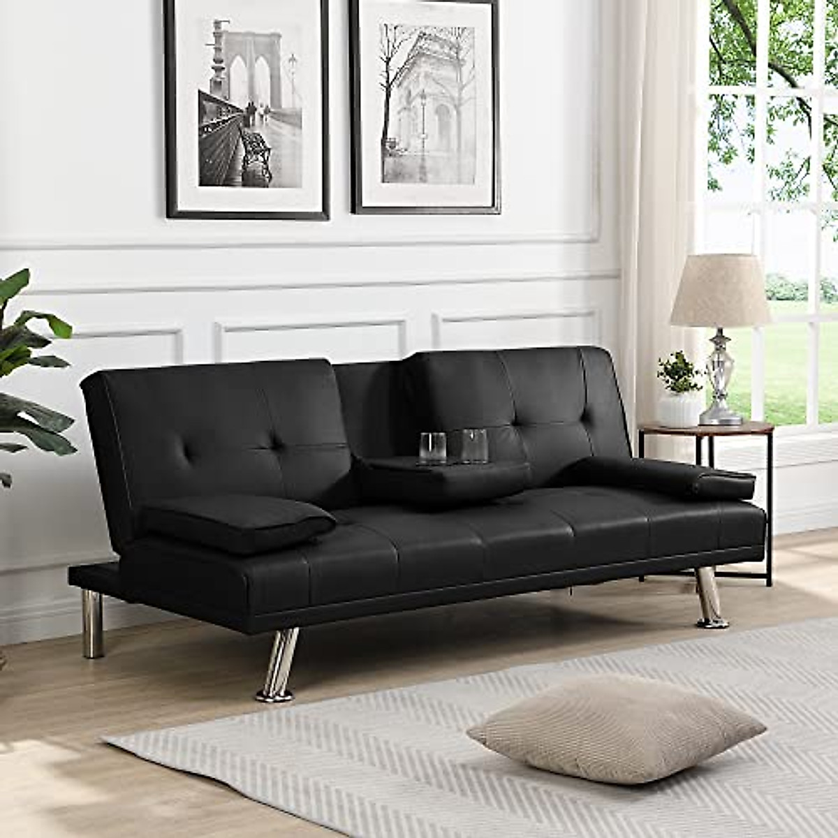 MOEO Convertible Folding Faux Leather Futon Sofa Bed, Modern Lounge Couch with 2 Cup Holders Removable Soft Armrests and Sturdy Metal Legs for Home, Living Room, Black