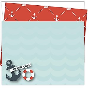 Koko Paper Co Nautical Thank You Cards | 25 Flat Note Cards and Envelopes | Printed on Heavy Card Stock.