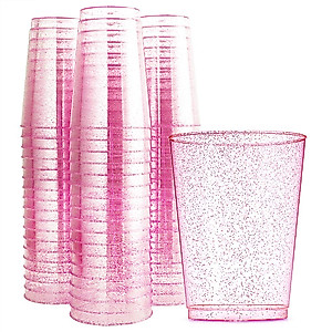 WDF 100pcs 12OZ Rose Gold Cups,Disposable Rose Gold Glitter Plastic Cups-Premium Wedding Pink Cups-Party Cups Perfect