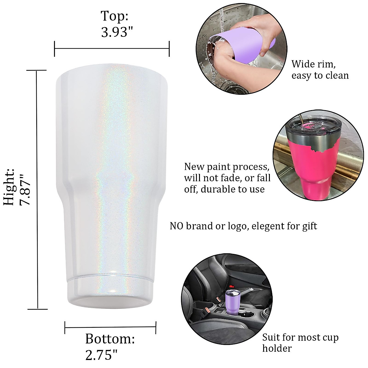 30 oz Tumbler with Lids and Straws,18/8 Stainless Steel Vacuum Insulated Tumbler,Insulated Coffee Mug Water Cup with Leak-Proof Straw Lid & Flip Lid,3 Metal Straws,1 Cleaning Brush(Sparkle White)