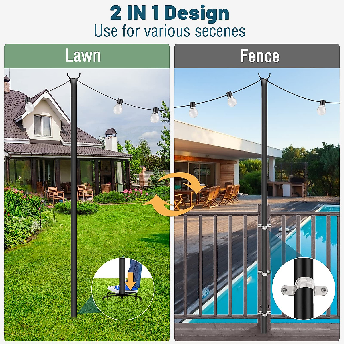 Slsy String Light Poles Stand for Outside, 5 Prong Fork Backyard Outdoor Lights Pole, Poles Stand for Patio, Garden, Christmas, Yard. (9 FT x 30 mm)