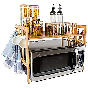 BAMBOO LAND- Bamboo Microwave Rack Countertop with Hooks and Built-in Knife Holder, Microwave Shelf Countertop, Countertop Shelf, Microwave Stand Countertop, Microwave Oven Rack, Over Microwave Shelf