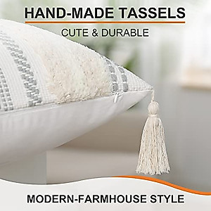 decorUhome Set of 2 Boho Decorative Throw Pillow Covers for Bed Bedroom Neutral Accent Cushion Cover Grey Tufted Woven Pillow Case, 18x18, Beige and White