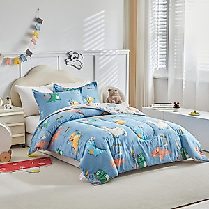 Kids Cotton Comforter Set for Boys Girls Reversible Car Bus Style White 3 PC Bedding Set with Blue Yellow Green Cars Colorful Teens Comforter with Pillow Shams Full Queen 88x88