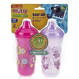 Nuby No-Spill Insulated Hard Spout 9 oz Cup, Colors/Prints May Vary,2 Count (Pack of 1)