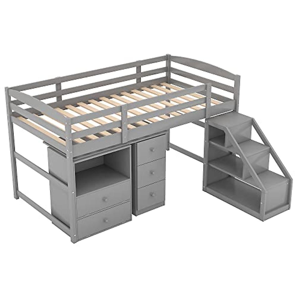 ERDAYE Twin Size Wooden Loft Bed Frame with Multifunctional Movable Built-in Desk, 5 Drawers and Staircase Bring Storage Shelf for Bedroom Guest Room Furniture, Gray