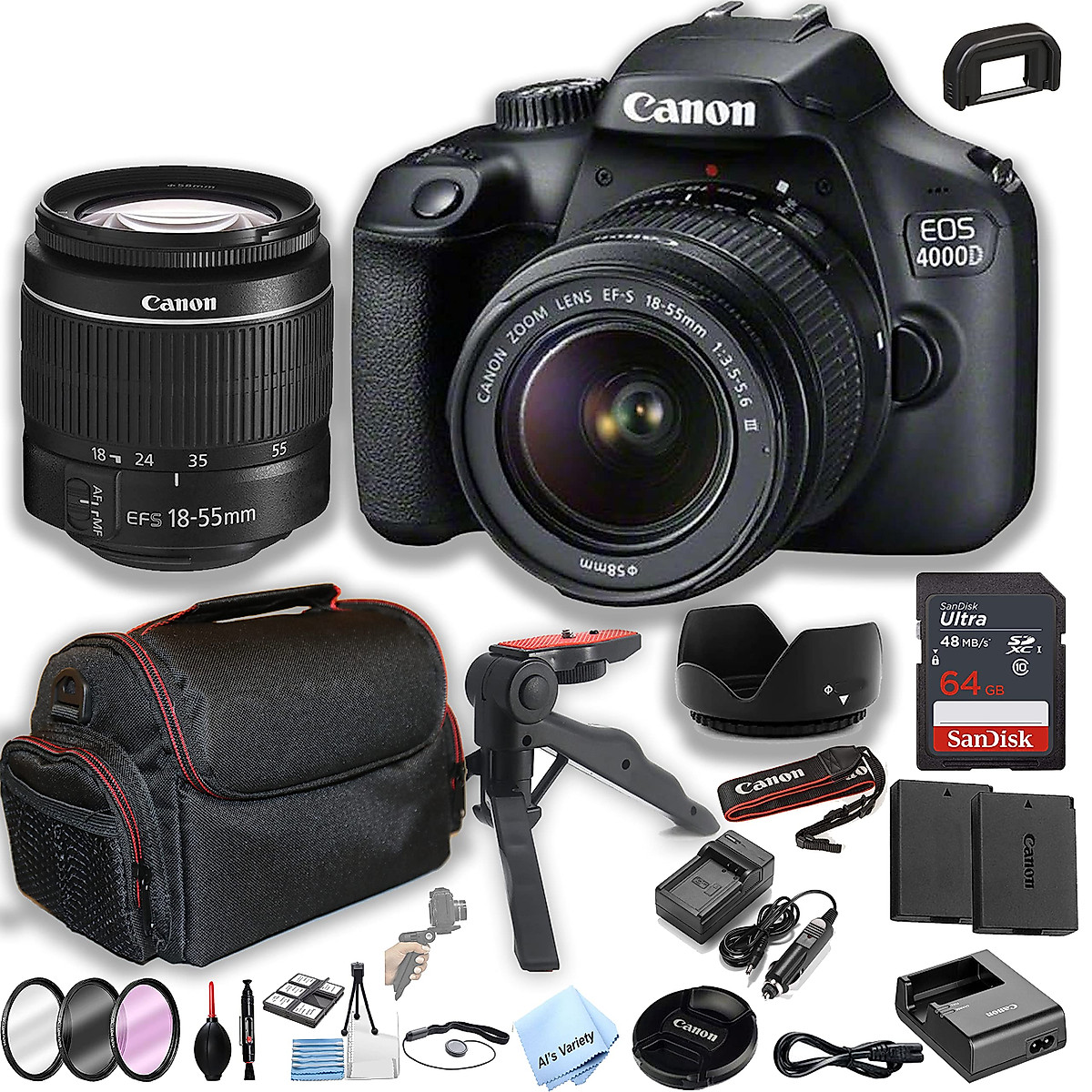Canon EOS 4000D (Rebel T100) DSLR Camera w/EF-S 18-55mm F/3.5-5.6 Zoom Lens + 64GB Memory + Case+ Steady Grip Pod + Filters + 2X Batteries + More (28pc Bundle)