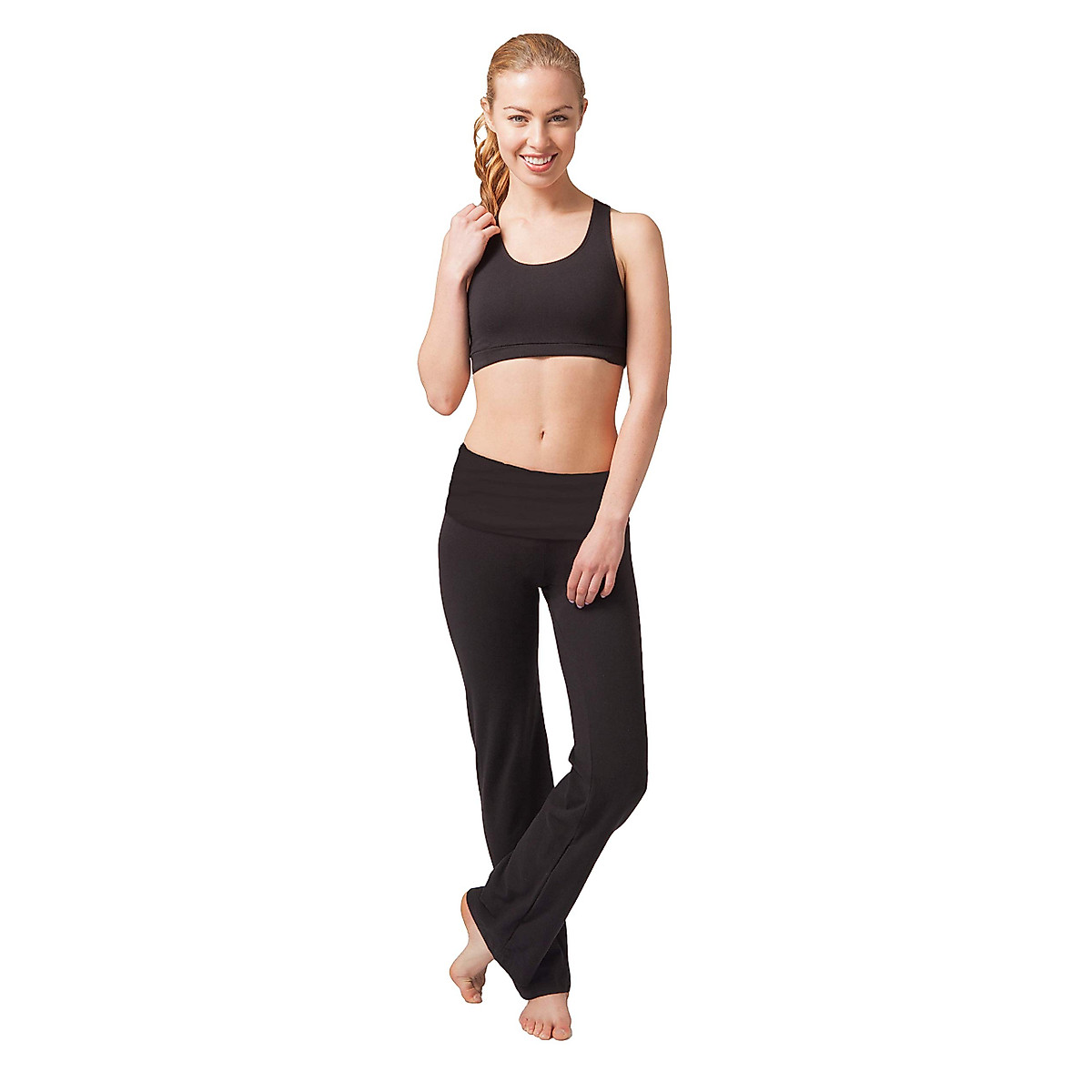 boxercraft Yoga Pant Boot Cut - Foldover Cotton/Spandex Workout Pant, Black -XS