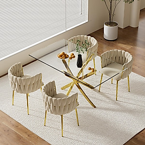 HAIZAO 63" Glass Dining Table for 4-6, Contemporary Rectangular Dining Room Table with Tempered Glass Top & Gold Finish Stainless Steel Legs, Modern Large Kitchen Table for Home Office