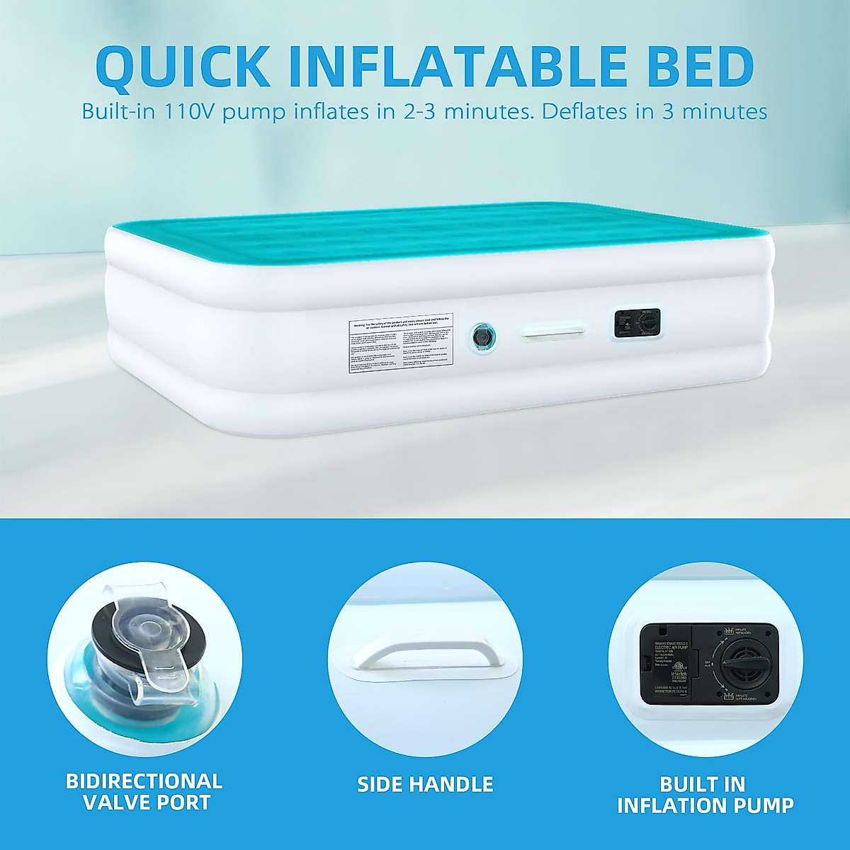 TWUBLK Air Mattress Full AirBed Inflatable/deflatable 18" Built in Pump (Blue)