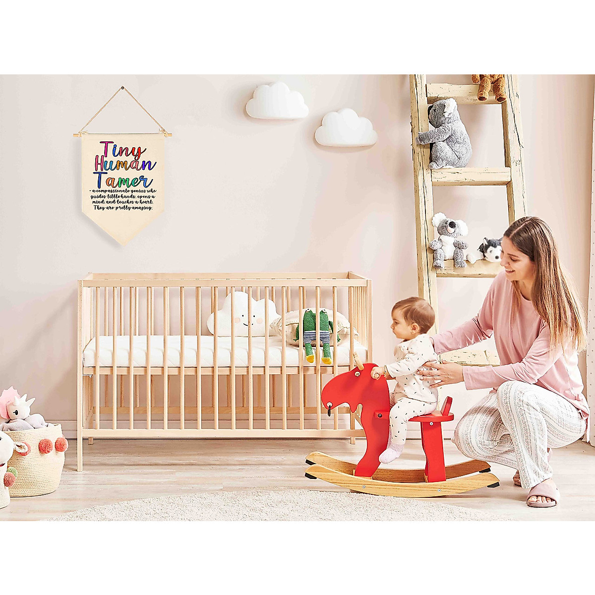 Tiny Human Tamer-Faculty Appreciation-Preschool Teacher-Thank You Gift for Nursery Teacher-End of Term Gift for Daycare Teacher,Nursery Worker-Canvas Hanging Pennant Flag Banner Wall Sign Decor